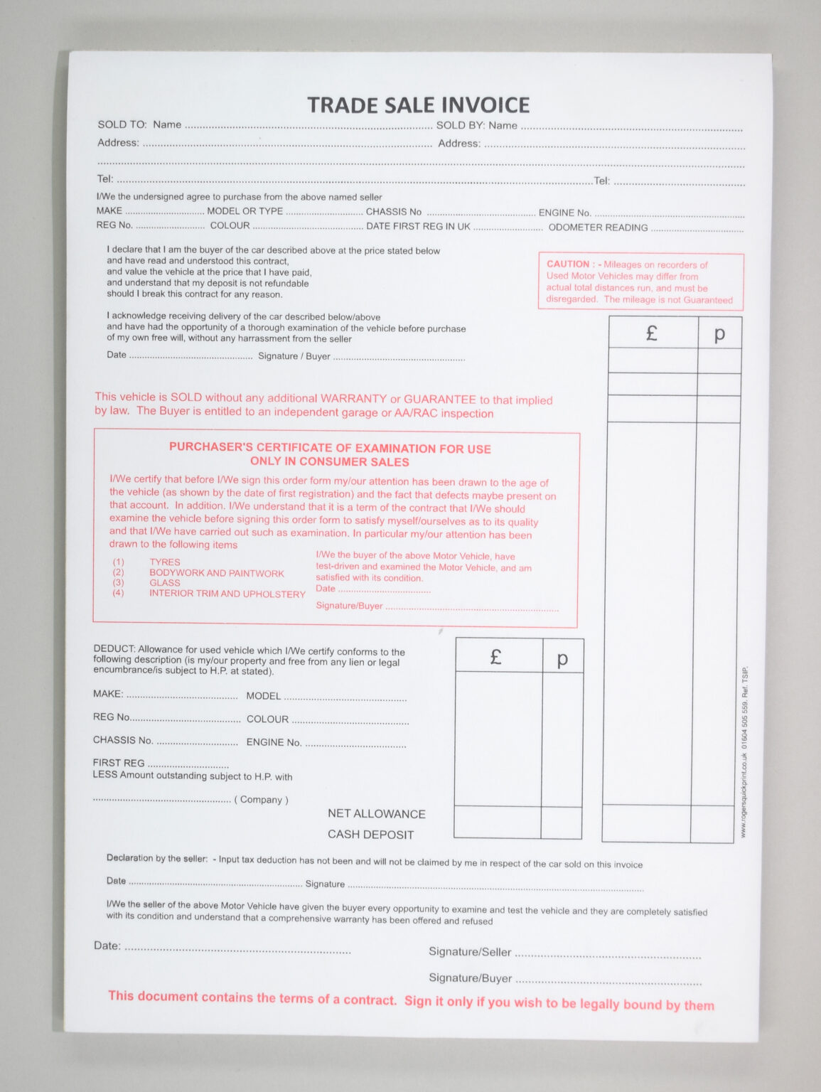 Motor Trade Sales Invoice Pad A4 – Carbonless (NCR) – Standard – Rogers ...