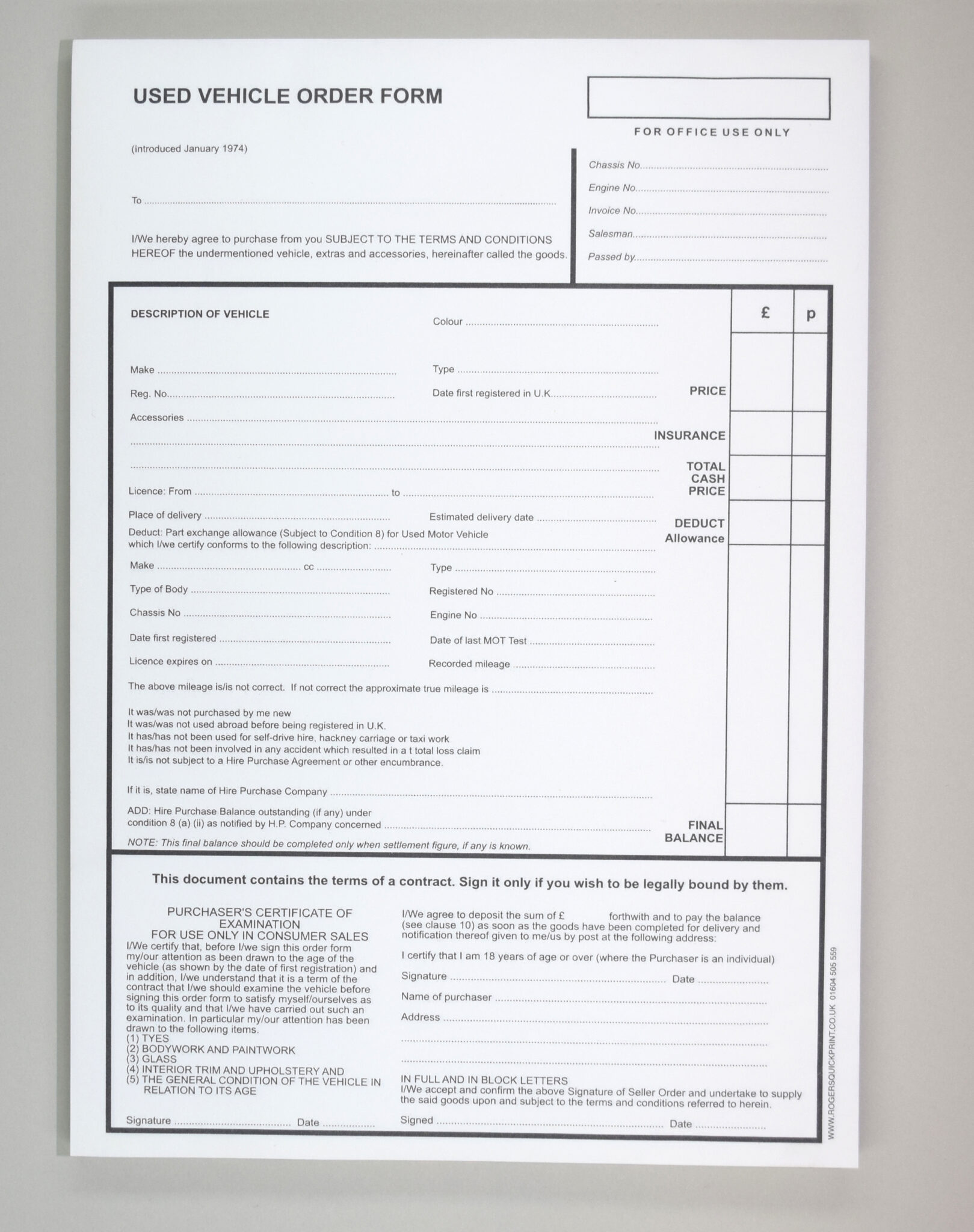 Used Vehicle Order Form Pad A4 – Carbonless (NCR) – Standard – Rogers ...