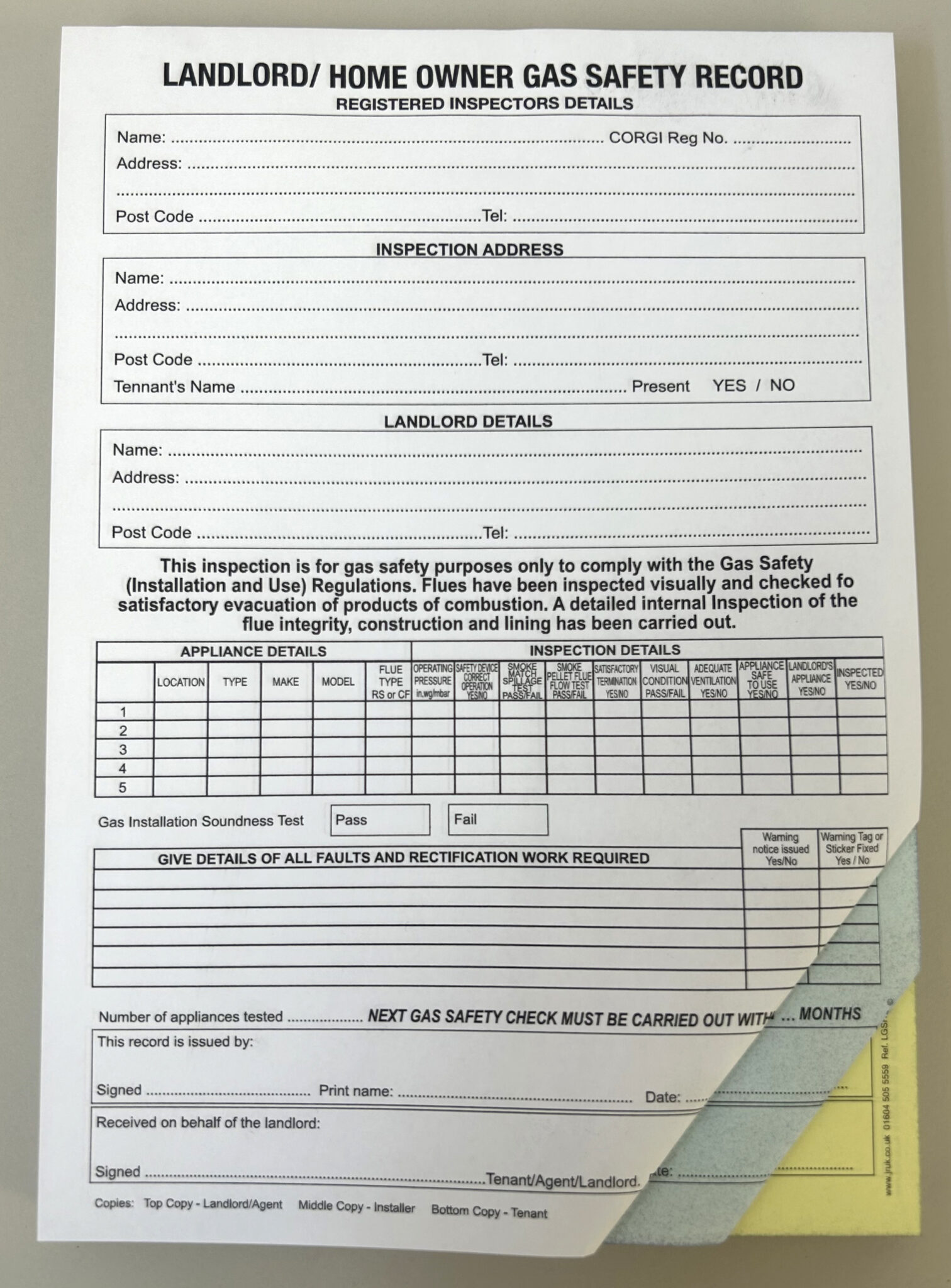 Landlord/Homeowner Gas Safety Testing Certificate Pad – Carbonless (NCR ...